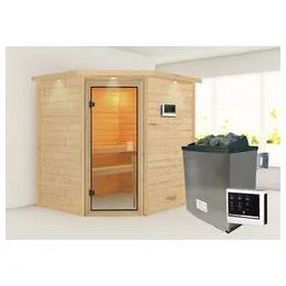 Sauna Karibu "Mia (Fronteinstieg)", beige (naturbelassen), (ohne Ofen), Saunen, Ofen 9 KW externe Strg easy