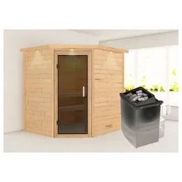 Sauna Karibu "Mia (Fronteinstieg)", beige (naturbelassen), (ohne Ofen), Saunen, Ofen 9 kW integr. Strg