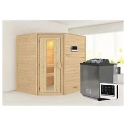 Sauna Karibu "Mia (Fronteinstieg)", beige (naturbelassen), (ohne Ofen), Saunen, Ofen 9 kW Bio externe Strg easy