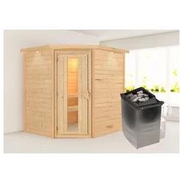 Sauna Karibu "Mia (Fronteinstieg)", beige (naturbelassen), (ohne Ofen), Saunen, Ofen 9 kW integr. Strg