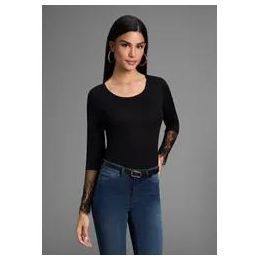 Langarmshirt Melrose, Damen, Gr. 38, schwarz, Jersey, Obermaterial: 95% Viskose, 5% Elasthan. Spitze: 100% Polyester, unifarben, tailliert h&uuml;ftlang, Rundhals, Spitze, Shirts Langarmshirt, taillierte Passform, aus Jersey und Spitze