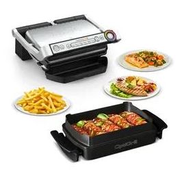Kontaktgrill Tefal "GC714D OptiGrill", grau (schwarz, edelstahlfarben), B:44,5cm H:22,9cm T:51,2cm, Kontaktgrill_Standgrill_Tischgrill_Teppanyakigrill, + inkl. Snacking & Baking Zubeh&ouml;r