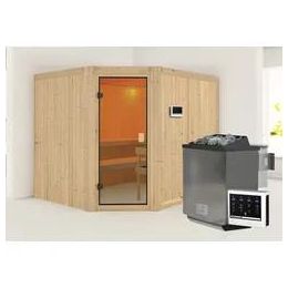 Sauna Karibu "Horna", beige (naturbelassen), Bio-Kombiofen, (ohne Ofen), Saunen, Ofen 9 kW Bio externe Strg easy