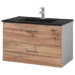 Waschtisch Welltime "Trento Badezimmerschrank mit Becken", braun (wotaneiche, wei&szlig;), B:80cm H:51,5cm T:47,5cm, Waschtische, Waschtisch, Badm&ouml;bel in Breite 80 cm , Waschplatz mit 2 Schubladen, Badschrank