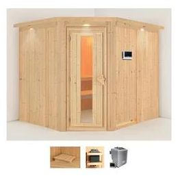 Sauna Karibu "Marit", beige (naturbelassen), Bio-Kombiofen, externe Steuerung, 9 kW, Saunen, Ofen 9 kW Bio externe Strg easy