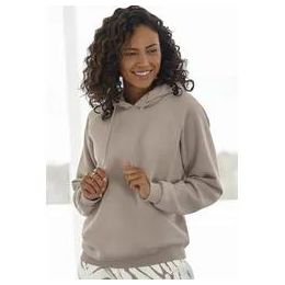 Kapuzensweatshirt Lascana, Damen, Gr. 32/34, grau (taupe), Sweatware, Obermaterial: 60% Baumwolle, 40% Polyester, bestickt, unifarben, bequem h&uuml;ftlang, Rundhals, Raglan&auml;rmel Rippb&uuml;ndchen, Sweatshirts, mit Logostickerei, Loungewear
