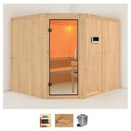 Sauna Karibu "Marit", beige (naturbelassen), Bio-Kombiofen, externe Steuerung, 9 kW, Saunen, Ofen 9 kW Bio externe Strg easy