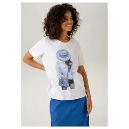 T-Shirt Aniston CASUAL, Damen, Gr. 48/50, blau (wei&szlig;, hellblau, schwarz, royalblau, silberfarben), Single Jersey, Obermaterial: 100% Baumwolle, Glitzermuster, bedruckt, figurumspielend h&uuml;ftbedeckend, Rundhals, Shirts T-Shirt, mit silberfarbenem Folienprint verzierter Frontdruck