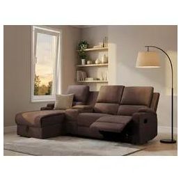 Ecksofa OTTO HOME "NAPORI Multimediasofa, 3er Kinosessel XXL, L-Form, 3 Bezugsstoffe", braun (dunkelbraun), B:240cm H:105cm T:155cm, Sofas, Ecksofa, Kinosofa mit Relaxfunktion, Getr&auml;nkehalter, Staufach und Staukasten