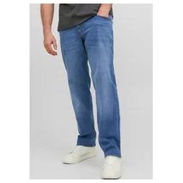 Jack & Jones PlusSize Tapered-fit-Jeans "JJIMIKE mit Abriebeffekten und funktionalen Taschen", Herren, Gr. 46, L&auml;nge 32, blau (blau denim), Denim/Jeans, Obermaterial: 76% Baumwolle, 22% Polyester, 2% Elasthan, JACK & JONES PLUSSIZE, Abriebeffekte, bequem normal, Jeans, mit Used-Optik