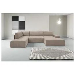 Wohnlandschaft WERK2 "Rotterdam, U-Form, in kuschelweichem Cord oder Breitcord. Breite 329cm", grau (hellgrau, bei), B:325cm H:85cm T:190cm, 90% Polyester, 10% Nylon, Sofas, Wohnlandschaft, Design Sofa mit Schlaffunktion & Bettkasten, Cord, Hellgrau/Beige