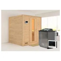 Sauna Karibu "Menja", beige (naturbelassen), Bio-Kombiofen, externe Steuerung, 9 kW, Saunen, 9-kW-Bio-Ofen mit externer Steuerung