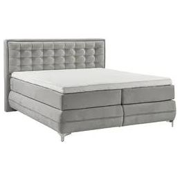 Boxspringbett Musterring "Dubai", grau (d 041 grau), B:197cm L:214cm, Komplettbetten, Boxspringbett, Winkelfu&szlig; in Chrom, 3 H&auml;rtegrade, Kopfteil in Kassettensteppung