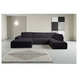 Wohnlandschaft WERK2 "Rotterdam, U-Form, in kuschelweichem Cord oder Breitcord. Breite 329cm", schwarz, B:325cm H:85cm T:190cm, 100% Polyester, Sofas, Wohnlandschaft, Design Sofa mit Schlaffunktion & Bettkasten, Breitcord, Schwarz