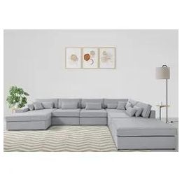 Wohnlandschaft OTTO HOME "Enid U-Form", silber, B:460cm H:75cm, Baumwollmix (60% Baumwolle/40% Leinen);Struktur fein (100% Polyester);Samtoptik (100% Polyester);Samtvelours (100% Polyester);Struktur (100% Polyester);Struktur recycelt (100% recyceltes Polyester), Sofas, Wohnlandschaft, 6 Teile, bestehend aus Modulen, in vielen Bez&uuml;gen, auch in Breitcord