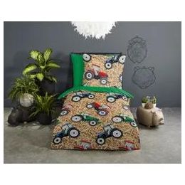 Kinderbettw&auml;sche Good Morning "Cas", bunt (multi), B/L: 135cm x 200cm, 1 Stk., 1 Stk., Renforc&eacute;, B/L: 80cm x 80cm, 2 Stk., Renforc&eacute;, Obermaterial: 100% Baumwolle, Bettw&auml;sche, Baumwolle, 135x200, Rei&szlig;verschluss, Wendeoptik, Kind, Junge, Traktor