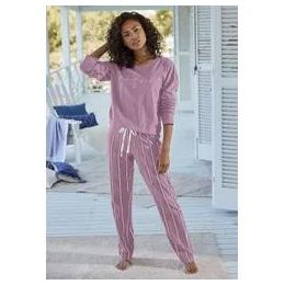 Pyjama Vivance DREAMS, Damen, Gr. 40/42, rot (mauve gestreift), Single Jersey, Obermaterial: 100% Baumwolle, Basic, bequem lang, Rundhals, Homewear-Sets Pyjama, mit Frontdruck