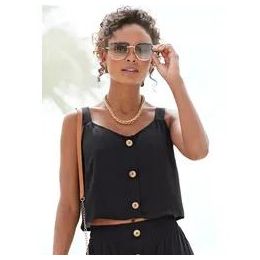 Crop-Top Vivance, Damen, Gr. 34, schwarz, Web, Obermaterial: 100% Viskose, unifarben, figurumspielend bauchfrei, Rundhals, Tops, mit Zierkn&ouml;pfen, luftiges Sommertop
