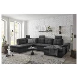 Wohnlandschaft ED EXCITING DESIGN "Alija U-Form", schwarz, B:334cm H:107cm T:217cm, 100% Polyester, Sofas, Wohnlandschaft, mit Bettfunktion, Bettkasten, Armteilverstellung & Kopfst&uuml;tzen