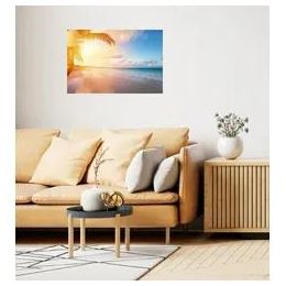Wandsticker queence "Urlaub", gelb, B:150cm H:90cm T:0,1cm, Folie, Wandtattoos, Selbstklebend, kinderleichte Anbringung, Sticker, Sonnenaufgang, Meer
