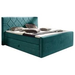 Boxspringbett Home Affaire "Atlanta", blau (ocean), B:180cm L:221cm, Kunststoff, Massivholz, Stoff, Komplettbetten, Boxspringbett, inklusive Topper und Bettkasten