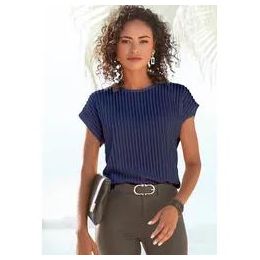T-Shirt Lascana, Damen, Gr. 40/42, blau, Jersey, Obermaterial: 62% Polyester, 33% Viskose, 5% Elasthan, unifarben, figurumspielend h&uuml;ftlang, Rundhals, Shirts T-Shirt, mit Biesenstruktur, b&uuml;gelfreies T-Shirt aus moderner Strukturware, Topseller