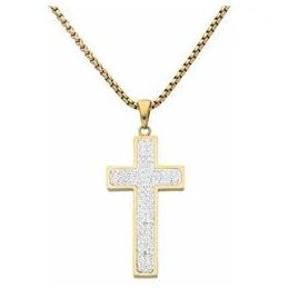Kreuzkette Firetti "Schmuck Geschenk Halsschmuck Halskette Kreuz glitzernd", gold (goldfarben, kristallwei&szlig;), Halsketten, Damen, Edelstahl, L: 55 B: 2mm, Kreuzkette, mit Kristallstein (synth.), B:2mm