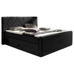 Boxspringbett Home Affaire "Atlanta", schwarz, B:180cm L:221cm, Kunststoff, Massivholz, Stoff, Komplettbetten, Boxspringbett, inklusive Topper und Bettkasten