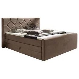 Boxspringbett Home Affaire "Atlanta", grau (taupe), B:200cm L:221cm, Kunststoff, Massivholz, Stoff, Komplettbetten, Boxspringbett, inklusive Topper und Bettkasten