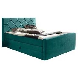 Boxspringbett Home Affaire "Atlanta", blau (ocean), B:160cm L:221cm, Kunststoff, Massivholz, Stoff, Komplettbetten, Boxspringbett, inklusive Topper und Bettkasten