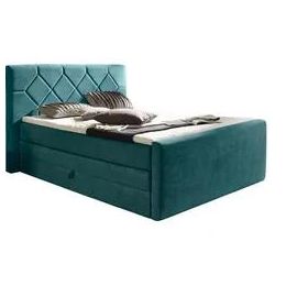 Boxspringbett Home Affaire "Atlanta", blau (ocean), B:140cm L:221cm, Kunststoff, Massivholz, Stoff, Komplettbetten, Boxspringbett, inklusive Topper und Bettkasten