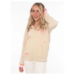 Kapuzensweatjacke Zwillingsherz "Smile Everyday ZH", Damen, Gr. L/XL (L/XL), beige, Sweatware, Obermaterial: 50% Baumwolle, 50% Polyester, unifarben, normal h&uuml;ftlang, V-Ausschnitt, Sweatjacken Zip-Hoodie, Kapuze, Taschen, Langarm, Stickerei, Rei&szlig;verschluss