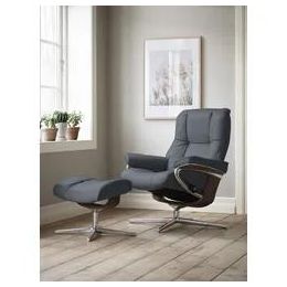 Relaxsessel stressless "Mayfair", blau (atlantic blau batick), B:92cm H:103cm T:79cm, Leder BATICK: BATICK ist ein leicht korrigiertes, durchgef&auml;rbtes und genarbtes M&ouml;belleder, bei dem die meisten Unebenheiten und Spuren in der Regel entfernt wurden., Sessel, Relaxsessel, mit Hocker, mit Cross Base, Gr&ouml;&szlig;e S, M & L, Holzakzent Braun