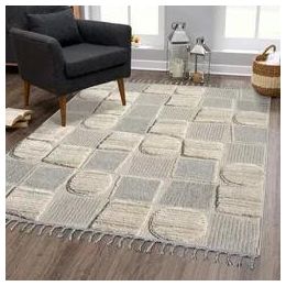 Hochflor-Teppich Carpet City "VALENCIA 950", blau (grau, blau), B:200cm H:20mm L:290cm, Obermaterial: 55% Polypropylen, 45% Sisal, Teppiche, Fransenteppich, L&auml;ufer, Boho-Stil, Hochtief-Muster/ 3D-Effekt, mit Fransen