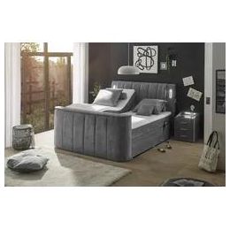 Boxspringbett ED EXCITING DESIGN "Dallas", grau (grau, salvador 14 grau), B:186cm L:244cm, 100% Polyester, Komplettbetten, Boxspringbett, inkl. Topper, LED-Beleuchtung, motorisierter TV Halterung und Motor