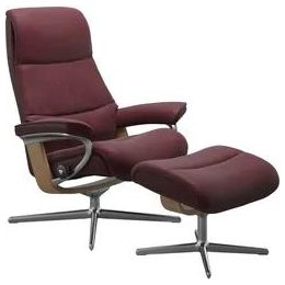 Relaxsessel stressless "View", rot (bordeaux batick), B:91cm H:110cm T:85cm, Leder BATICK: BATICK ist ein leicht korrigiertes, durchgef&auml;rbtes und genarbtes M&ouml;belleder, bei dem die meisten Unebenheiten und Spuren in der Regel entfernt wurden., Sessel, Relaxsessel, mit Hocker, mit Cross Base, Gr&ouml;&szlig;e S, M & L, Holzakzent Eiche