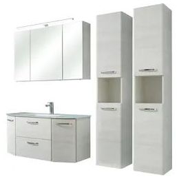 Badm&ouml;bel-Set SAPHIR "Quickset 936 4-teilig, Glaswaschtisch und LED-Spiegelschrank", wei&szlig; (eiche wei&szlig; quer nachbildung), B:172cm T:48cm, Glas, Holzwerkstoff, MDF, Kastenm&ouml;bel-Sets, Badm&ouml;bel-Set, 2 Hochschr&auml;nke, Eiche Wei&szlig; quer Nachbildung, inkl. T&uuml;rd&auml;mpfer, 9 T&uuml;ren