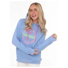 Hoodie Zwillingsherz "Good Vibes", Damen, Gr. L/XL (L/XL), blau (hellblau), Sweatware, Obermaterial: 50% Baumwolle, 50% Polyester, unifarben, normal h&uuml;ftbedeckend, V-Ausschnitt, Sweatshirts Hoodie, gestickter Schriftzug, Kapuze, Langarm, K&auml;ngurutasche, Kordelzug