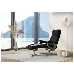 Relaxsessel stressless "View", schwarz (schwarz batick), B:91cm H:110cm T:85cm, Leder BATICK: BATICK ist ein leicht korrigiertes, durchgef&auml;rbtes und genarbtes M&ouml;belleder, bei dem die meisten Unebenheiten und Spuren in der Regel entfernt wurden., Sessel, Relaxsessel, mit Hocker, mit Cross Base, Gr&ouml;&szlig;e S, M & L, Holzakzent Eiche