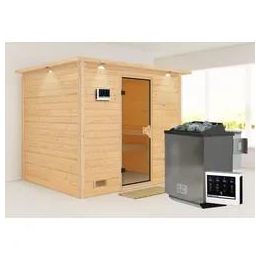Sauna Karibu "Soraja", beige (naturbelassen), Bio-Kombiofen, externe Steuerung, 9 kW, Saunen, Ofen 9 kW Bio externe Strg easy