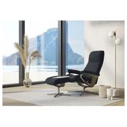 Relaxsessel stressless "View", blau (shadow blau paloma), B:82cm H:109cm T:81cm, Leder PALOMA: PALOMA ist ein durchgef&auml;rbtes Semianilin-M&ouml;belleder mit nat&uuml;rlicher Narbung., Sessel, Relaxsessel, mit Hocker, mit Cross Base, Gr&ouml;&szlig;e S, M & L, Holzakzent Eiche