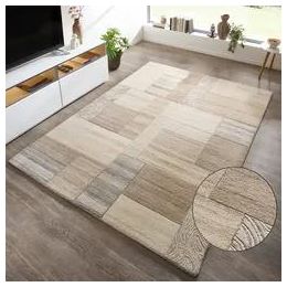 Wollteppich Theko "Lola, Wolle, handgearbeitet, Patchwork Design, handgetuftet" Gr. 4, beige (natur), B:160cm H:12mm L:230cm, Wolle, Teppiche, Wohnzimmer, Schlafzimmer, Esszimmer, auch als L&auml;ufer und rund