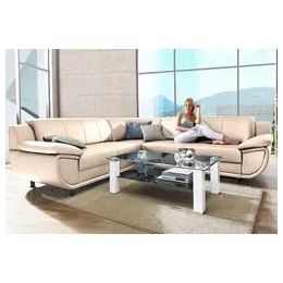 Ecksofa Trendmanufaktur "Rondo wahlweise mit Schlaffunktion, 267x247 cm (BxT), breite Armlehnen", beige (creme), B:267cm H:85cm T:247cm, Kunstleder SOFTLUX;Microfaser PRIMABELLE (100% Polyester);NaturLEDER (echtes Rindsleder);Struktur (54% Polyacryl, 46% Polyester), Sofas, Ecksofa, L-Form, wahlweise mit Federkern bestellbar, F&uuml;&szlig;e schwarz