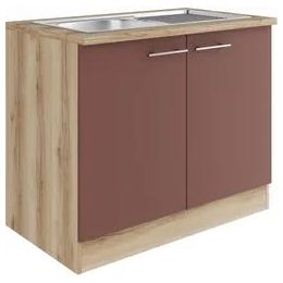 Sp&uuml;lenschrank Optifit "Bella", rot (rostrot, wildeiche, wildeiche), B:100cm H:84,8cm T:60cm, Holzwerkstoff, Schr&auml;nke, Sp&uuml;lenschrank, Breite 100 cm, mit Edelstahl-Einbausp&uuml;le