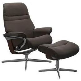 Relaxsessel stressless "Sunrise", braun (braun batick), B:92cm H:105cm T:80cm, Leder BATICK: BATICK ist ein leicht korrigiertes, durchgef&auml;rbtes und genarbtes M&ouml;belleder, bei dem die meisten Unebenheiten und Spuren in der Regel entfernt wurden., Sessel, Relaxsessel, mit Hocker, mit Cross Base, Gr&ouml;&szlig;e S, M & L, Holzakzent Braun