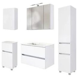 Badm&ouml;bel-Set Welltime "Welltime M&ouml;bel Baabe Waschtisch-Set 3tlg. oder 5tlg.", wei&szlig; (matt wei&szlig;), Set 14 5tlg.: Waschtisch 80cm breit, Spiegelschrank 80cm breit, H&auml;ngeschrank, Unterschrank, Seitenschrank, Holzwerkstoff, Kastenm&ouml;bel-Sets, Badm&ouml;bel-Set, ged&auml;mpfte Scharniere und Softclose-Funktion, inklusive LED-Beleuchtung