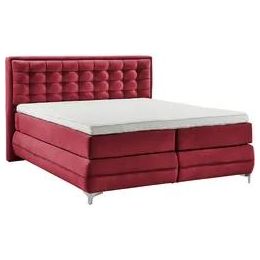 Boxspringbett Musterring "Dubai", rot (d 521 rot), B:217cm L:214cm, Komplettbetten, Boxspringbett, Winkelfu&szlig; in Chrom, 3 H&auml;rtegrade, Kopfteil in Kassettensteppung