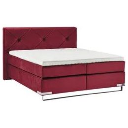 Boxspringbett "Dubai", rot (d 521 rot), B:177cm L:214cm, Gallery M BRANDED BY MUSTERRING, Komplettbetten, Boxspringbett, Kufe in Chrom, 3 H&auml;rtegrade, Kopfteil mit Knopfheftung