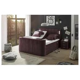 Boxspringbett ED EXCITING DESIGN "Dallas", lila (aubergine, salvador 05 aubergine), B:186cm L:244cm, 100% Polyester, Komplettbetten, Boxspringbett, inkl. Topper, LED-Beleuchtung, motorisierter TV Halterung und Motor