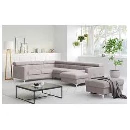 Wohnlandschaft COTTA "Sammy U-Form", grau (mouse), B:304cm H:74cm T:240cm, NaturLEDER, die R&uuml;ckseite ist mit schwarzem und die Liegefl&auml;che der Bettfunktion ist mit beigem Spannstoff bezogen, Sofas, Wohnlandschaft, mit Kopfteilverstellung, wahlweise mit Bettfunktion & Bettkasten